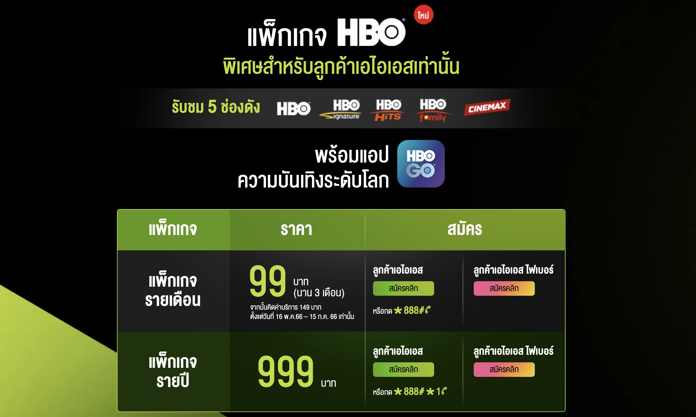 AIS ประกาศแพ็กเกจใหม่ดู HBO เริ่มต้นจ่ายเดือนละ 99 บาท เปิดให้สมัครเฉพาะลูกค้า AIS เท่านั้น